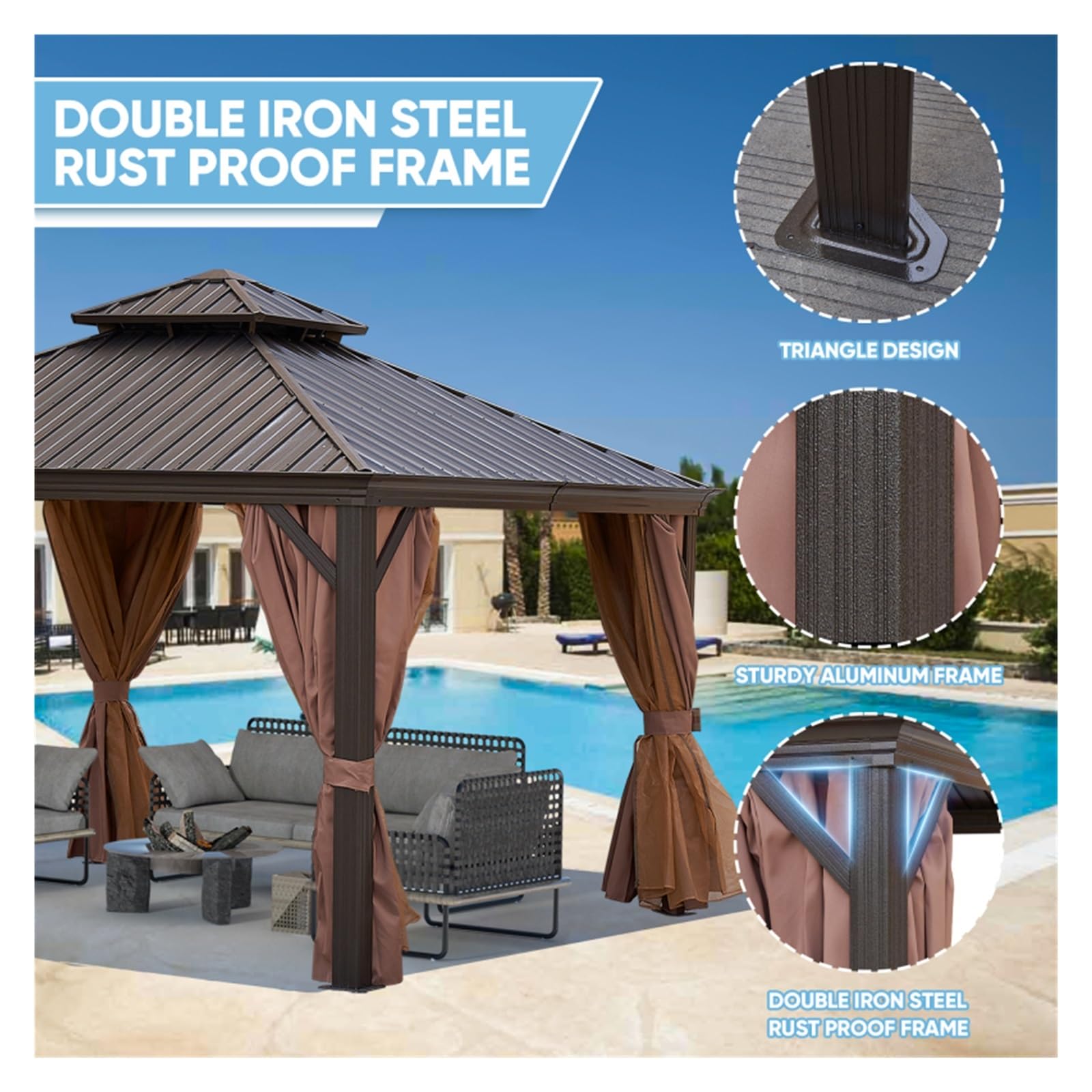 12 x 12FT Hardtop Gazebo - Outdoor Polycarbonate Double Roof Gazebo Canopy, Metal Frame Permanent Pavilion with Curtains and Netting for Garden Patio Backyard Party Deck Lawn