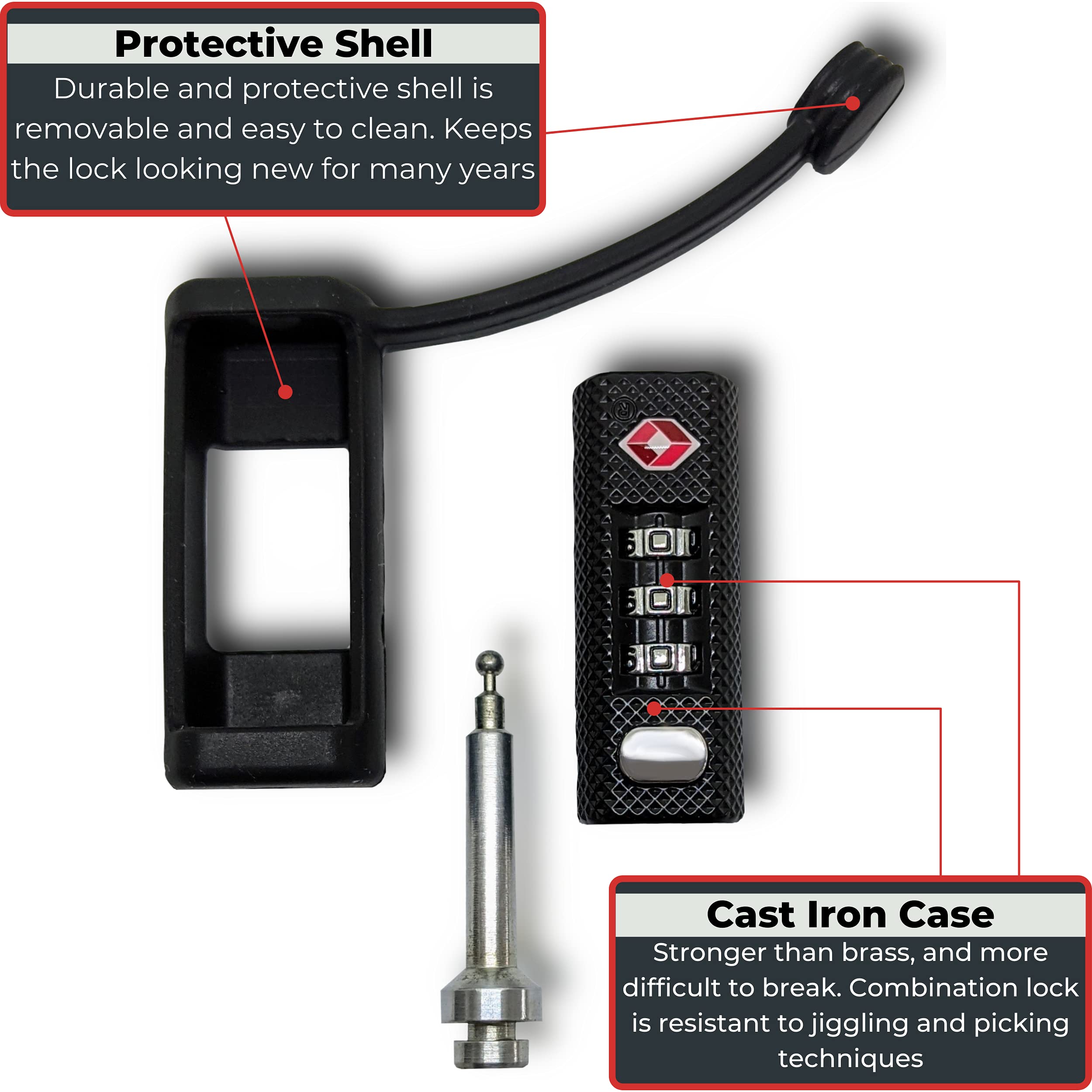 1x Black, 1x Red TSA Approved Tactical Gun Case Locks | Protective Rubber Sleeve & Cut-Resistant MonoShaft | Secure Single Shaft Padlock for Guns Luggage Rifles Pistols & Revolver Cases - Child Safe