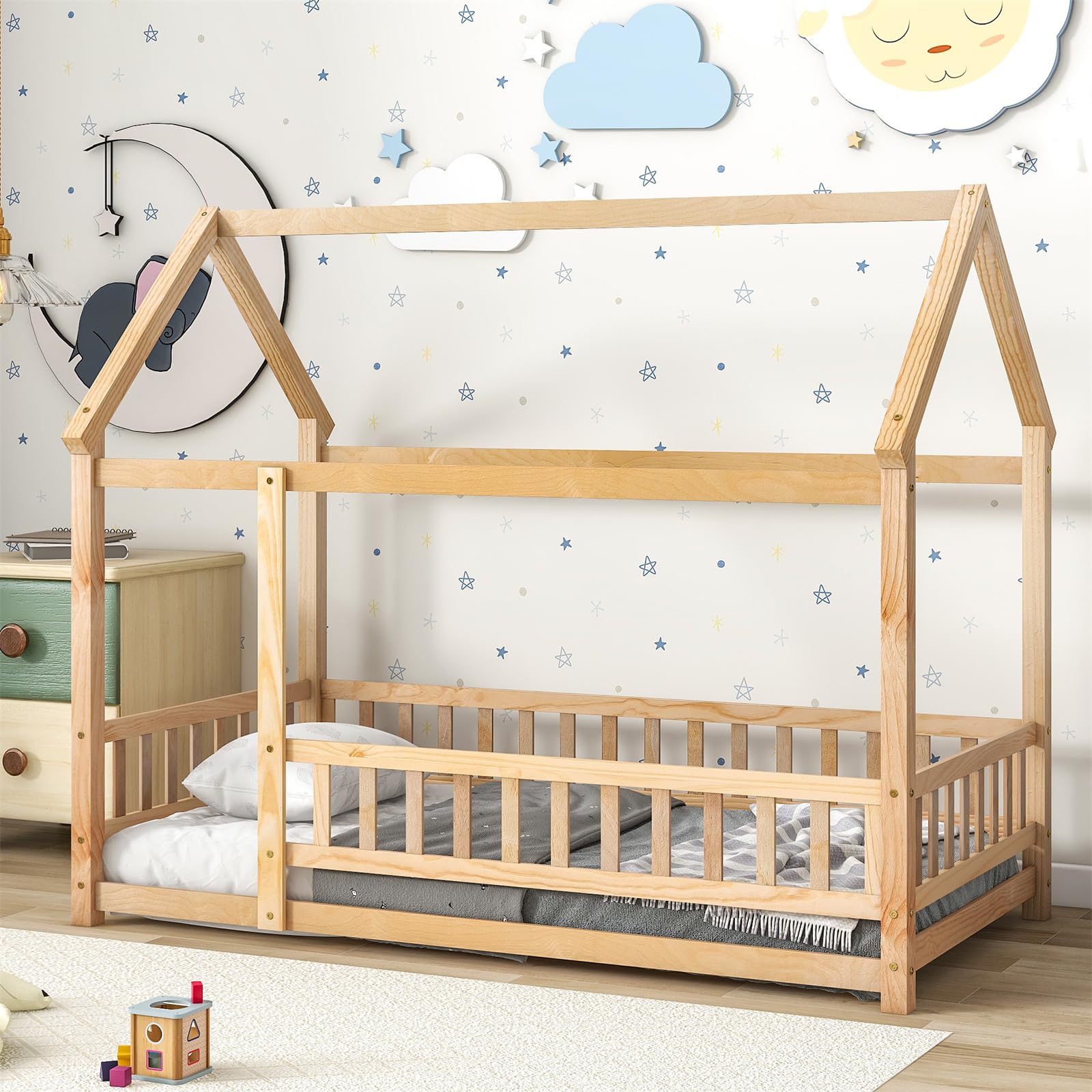 LLS Twin Montessori Bed Frame, Wooden House Bed with Fence and Roof, Floor Bed for Boys Girls Bedroom, Natural