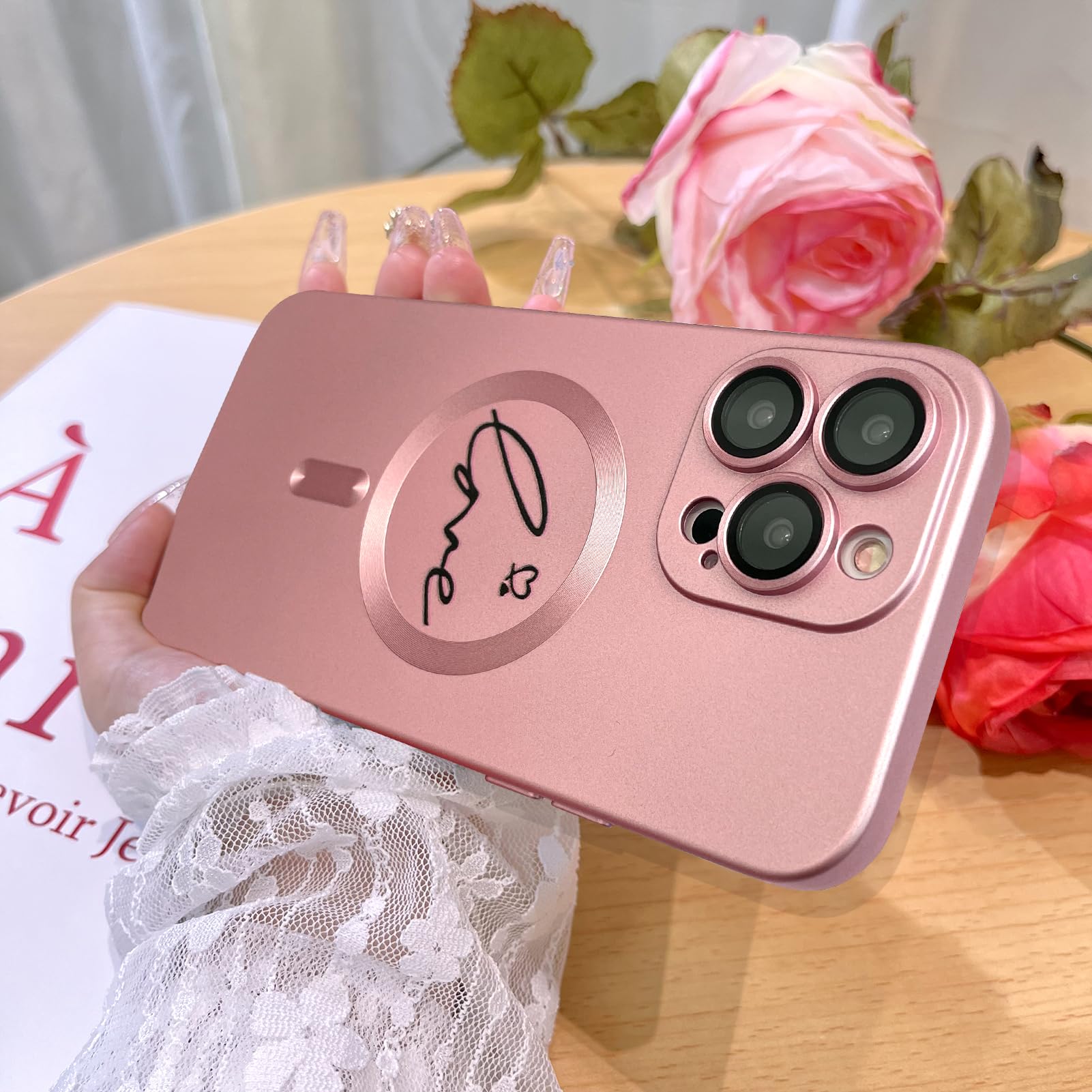 Bonoma Magnetic Charging Phone Case for iPhone 14 Pro Max Compatible with MagSafe Love Heart Luxury Plating Protective Cover for Women Shockproof Back Bumper-Pink