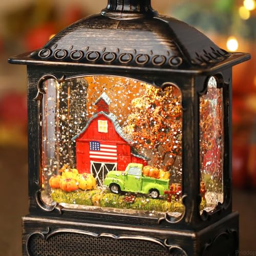 Priddop Fall Snow Globe Lantern - Red Barn Truck Pumpkin Farm Glittering Autumn Harvest Decorations for Home, Thanksgiving