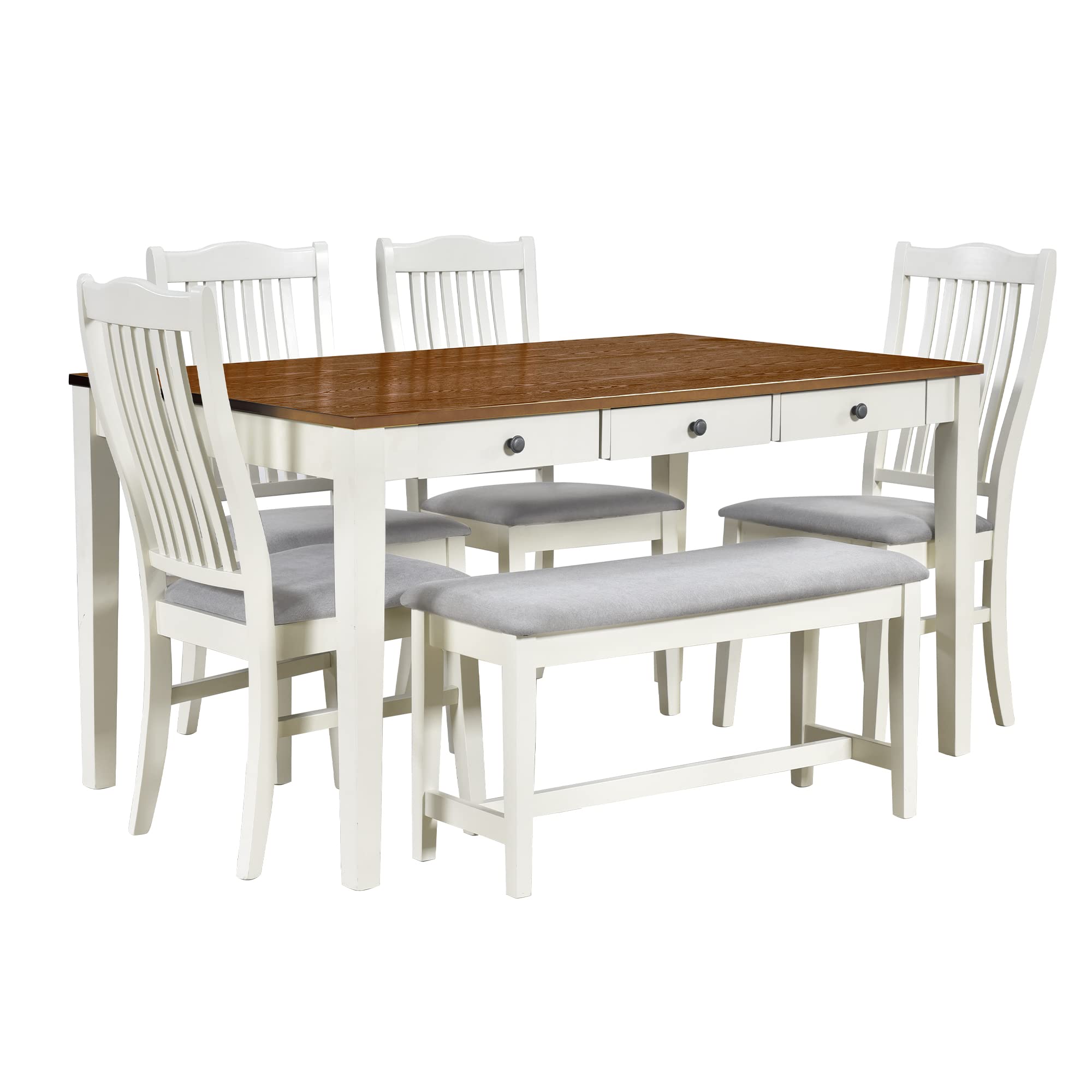 Bellemave Dining Table Set for 6 Kitchen Table with Bench and Chairs Farmhouse Wood Dining Room Table Set with Storage Drawer 6 Piece Dinner Table Set, Butter Milk