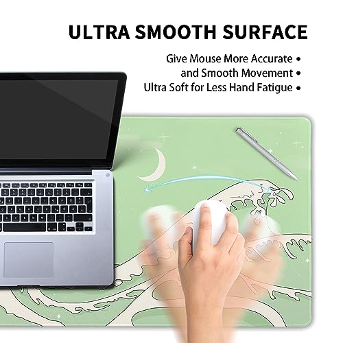 Matcha Green White Japanese Anime Gaming Mouse Pad XXL Cute Kawaii Sage Aesthetic Sea Wave Extended Large Desk Mat Non-Slip Rubber Base Stitched Edge Keyboard Mousepad for PC Laptop,35.4×15.7 in
