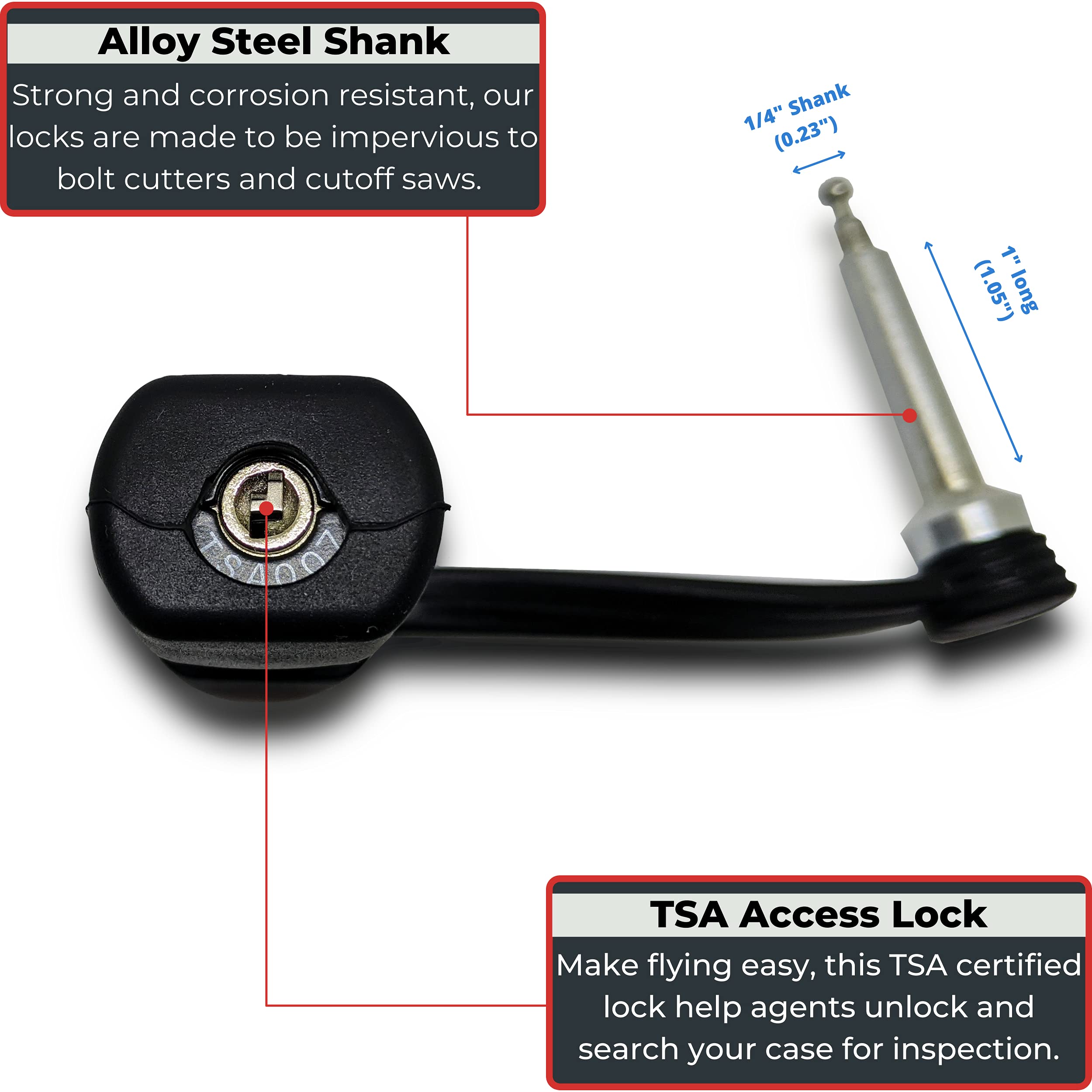 1x Black, 1x Red TSA Approved Tactical Gun Case Locks | Protective Rubber Sleeve & Cut-Resistant MonoShaft | Secure Single Shaft Padlock for Guns Luggage Rifles Pistols & Revolver Cases - Child Safe