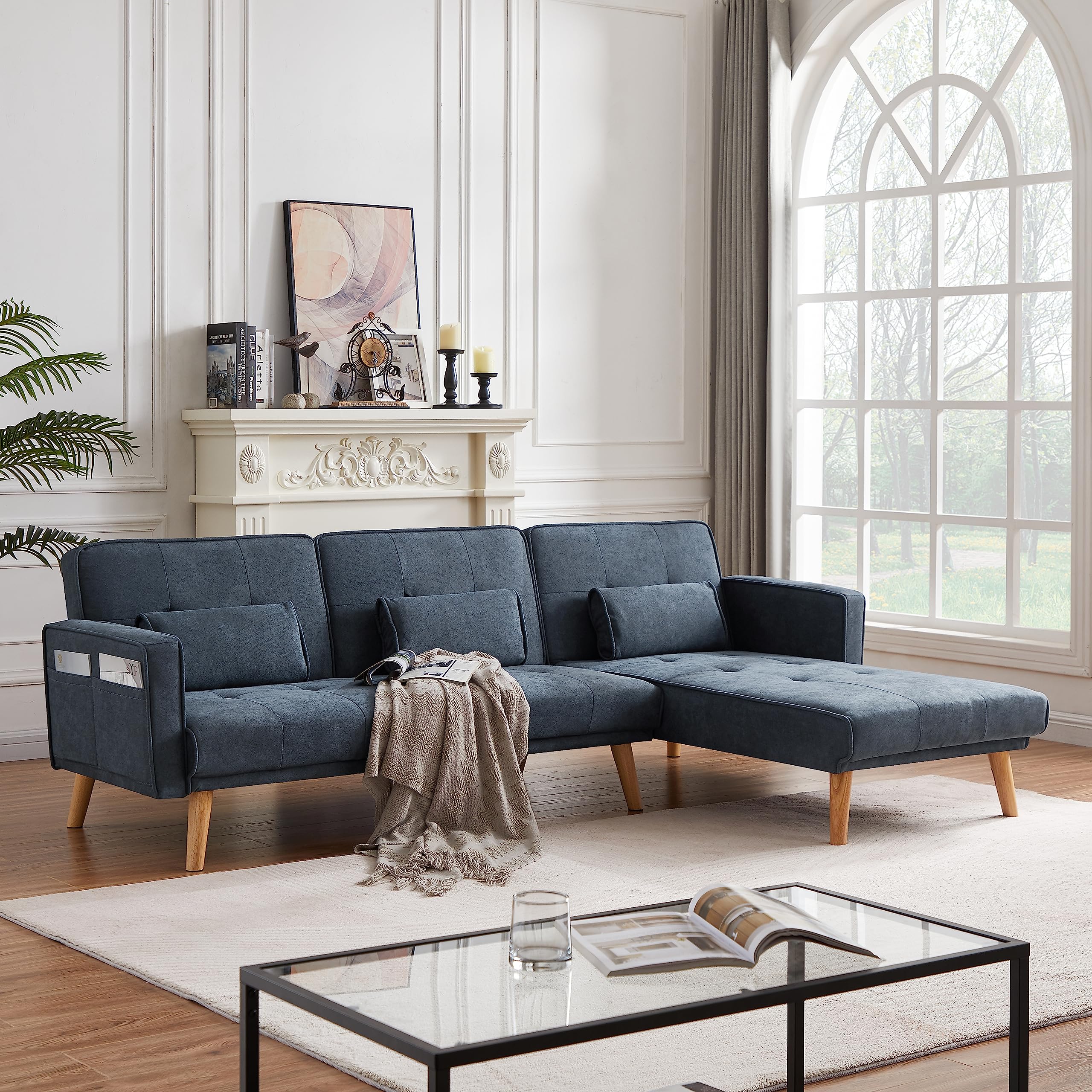 Eafurn L-Shaped Convertible Sectional Sofa with Chaise Lounge and Adjustable Spilt Backrest,3 Seater Soft Velvet Sleeper Couch Bed with Wooden Legs,Tufted Corner Sofa & Couch with Throw Pillows