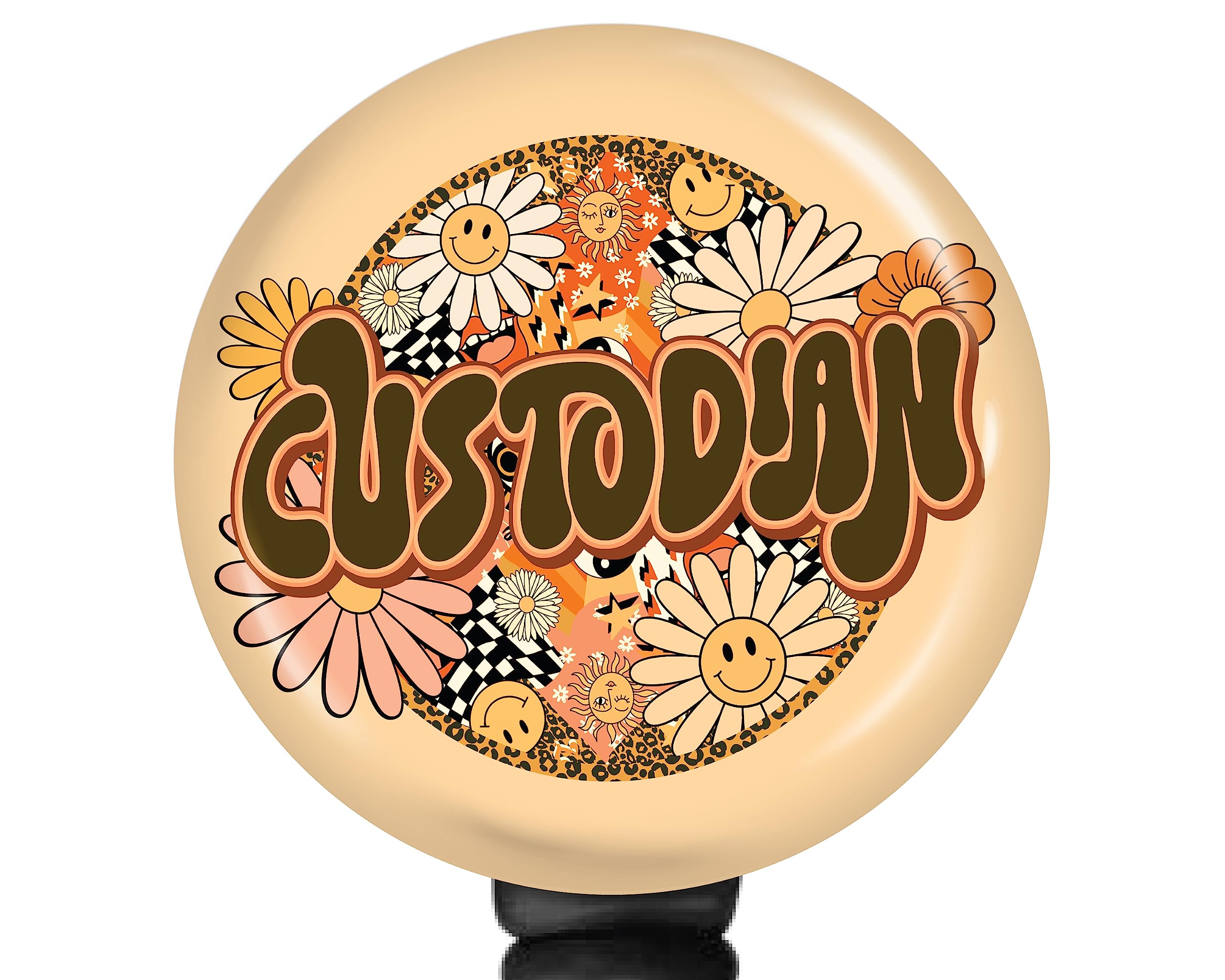 Retro Custodian Badge Reel - Unique Gift for Janitor - Custodian Badge Holder - Retro Badge Clip - Groovy Floral Retractable Nametag Reel - Vintage Designed ID Name tag Accessory