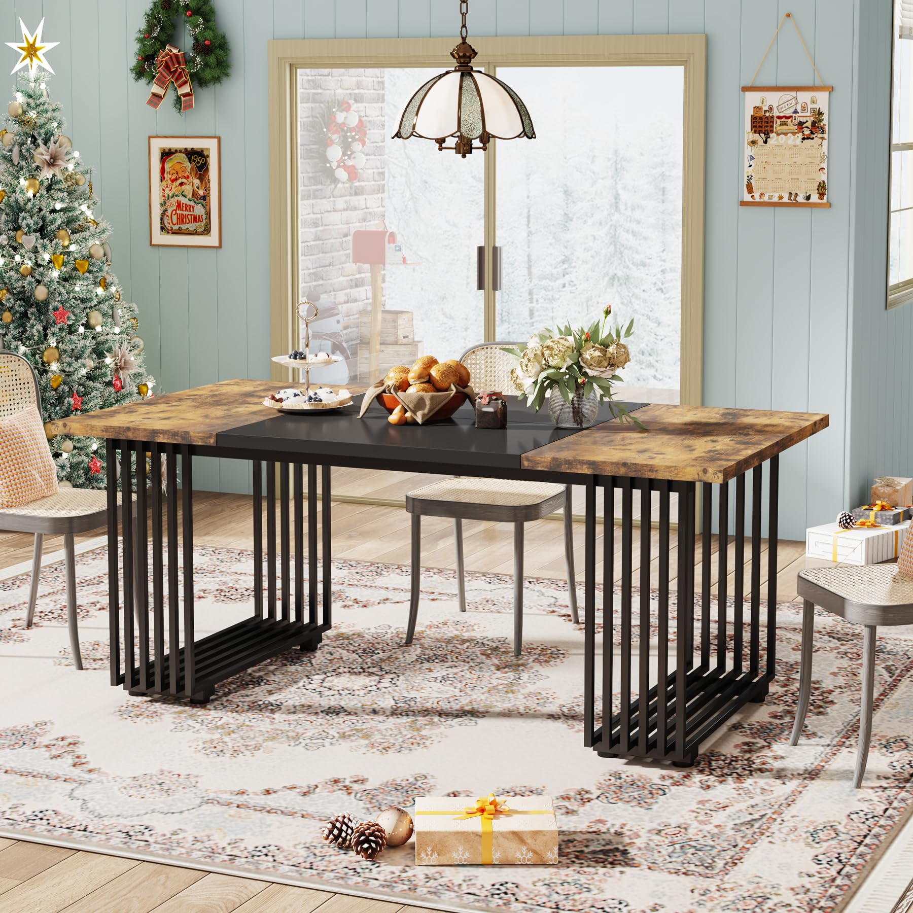 Tribesigns Dining Table for 6-8 People, 70.8'' Long Industrial Dining Room Table for Kitchen, Wood Kitchen Table with Black Metal Legs, Brown