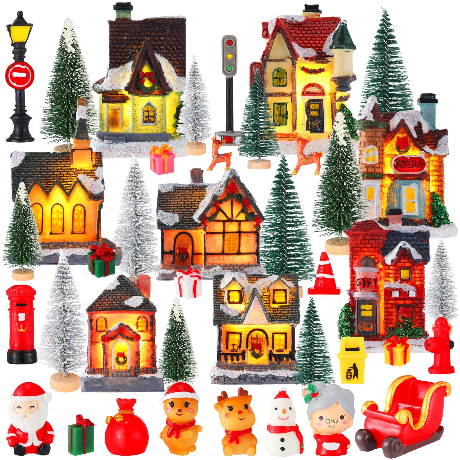 Liliful 40 Pcs Christmas Village Sets Lighted LED Christmas Village Houses with Figurines Resin Xmas Scene Figurines Christmas Collectible Buildings Miniature Christmas Town Scene Desktop Decor