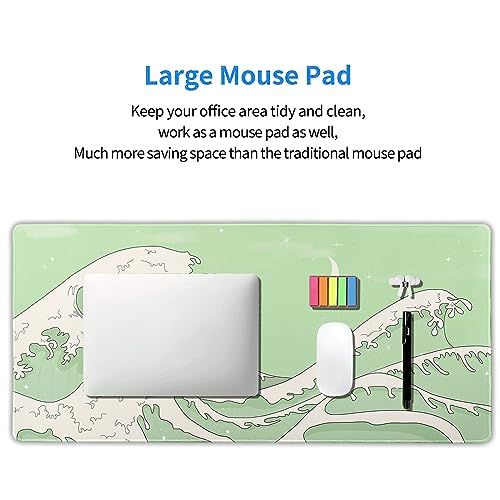 Matcha Green White Japanese Anime Gaming Mouse Pad XXL Cute Kawaii Sage Aesthetic Sea Wave Extended Large Desk Mat Non-Slip Rubber Base Stitched Edge Keyboard Mousepad for PC Laptop,35.4×15.7 in