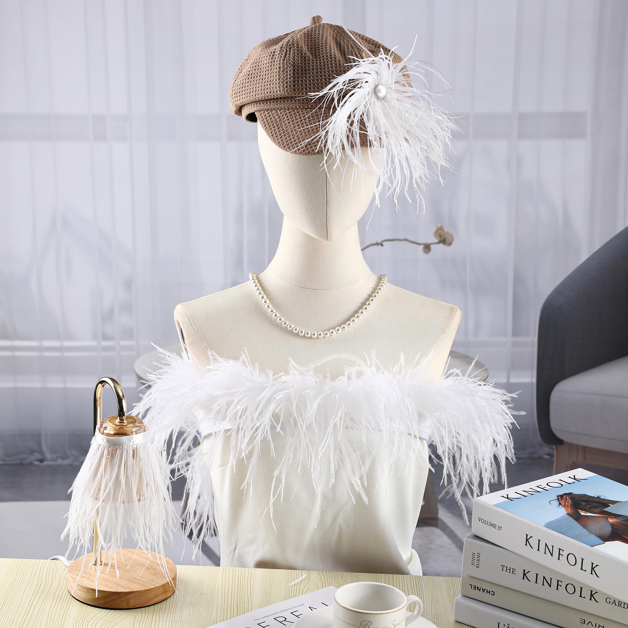 Soarer White Ostrich Feather Trim - 2Yards 5-7inch Feathers Fringe Trim for DIY Sewing Clothing,Wedding,Christmas Home Party(White)