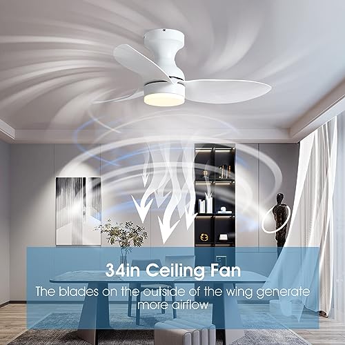 Surtime Low Profile Flush Mount Ceiling Fans with Lights and Remote&APP,34in White Modern Ceiling Fans for Outdoor Patio,Small Room,Bedroom,6 Speeds Reversible,3 Colors Lights Dimmable