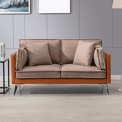 CECER Loveseat Sofa Couches for Living Area, Luxurious Modern 2 Seater Sofa with Faux Leather Frame, Mid Century Linen Upholstered Sofa Couch with 2 Accent Pillows for Bonus Room Office, Orange