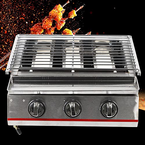 BBQ Portable Tabletop Gas Grill,3 Head Burner Stainless Steel Grill Outdoor,Smoke Free Stove Adjustable height LPG BBQ Grill Cooker,Indoor Best for Backyard Buffet Gourmet Kit