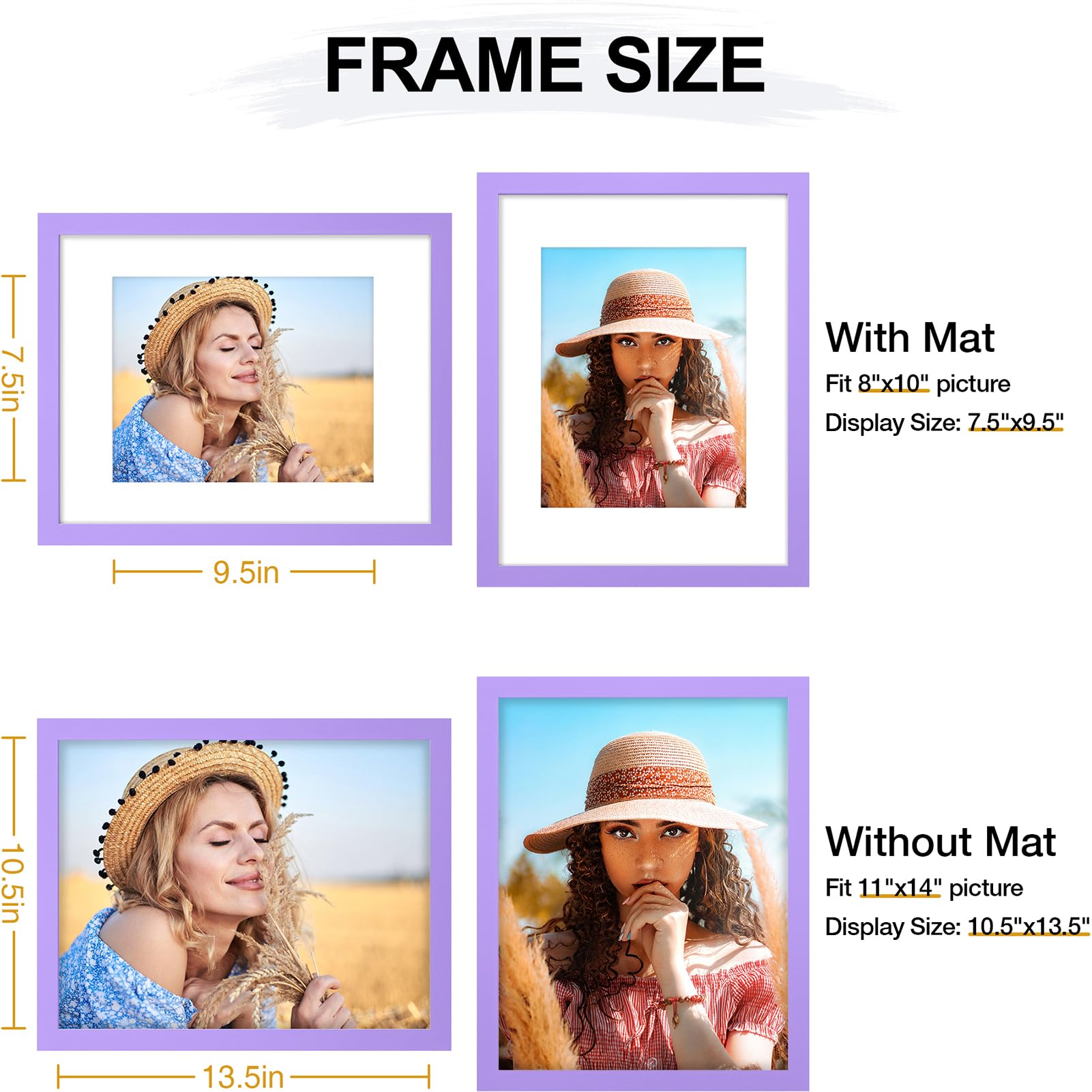 Vittanly Picture Frame, Engineered Wood, 11x14 inch, Purple, Single, with Shatter Resistant Plexiglass, Mat for 8x10 or 11x14 Photo, Wall & Tabletop Display