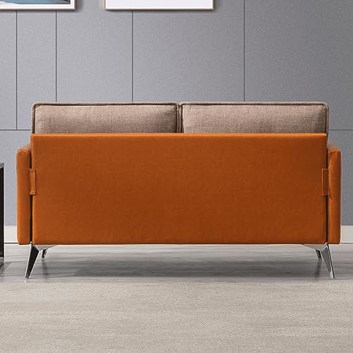 CECER Loveseat Sofa Couches for Living Area, Luxurious Modern 2 Seater Sofa with Faux Leather Frame, Mid Century Linen Upholstered Sofa Couch with 2 Accent Pillows for Bonus Room Office, Orange