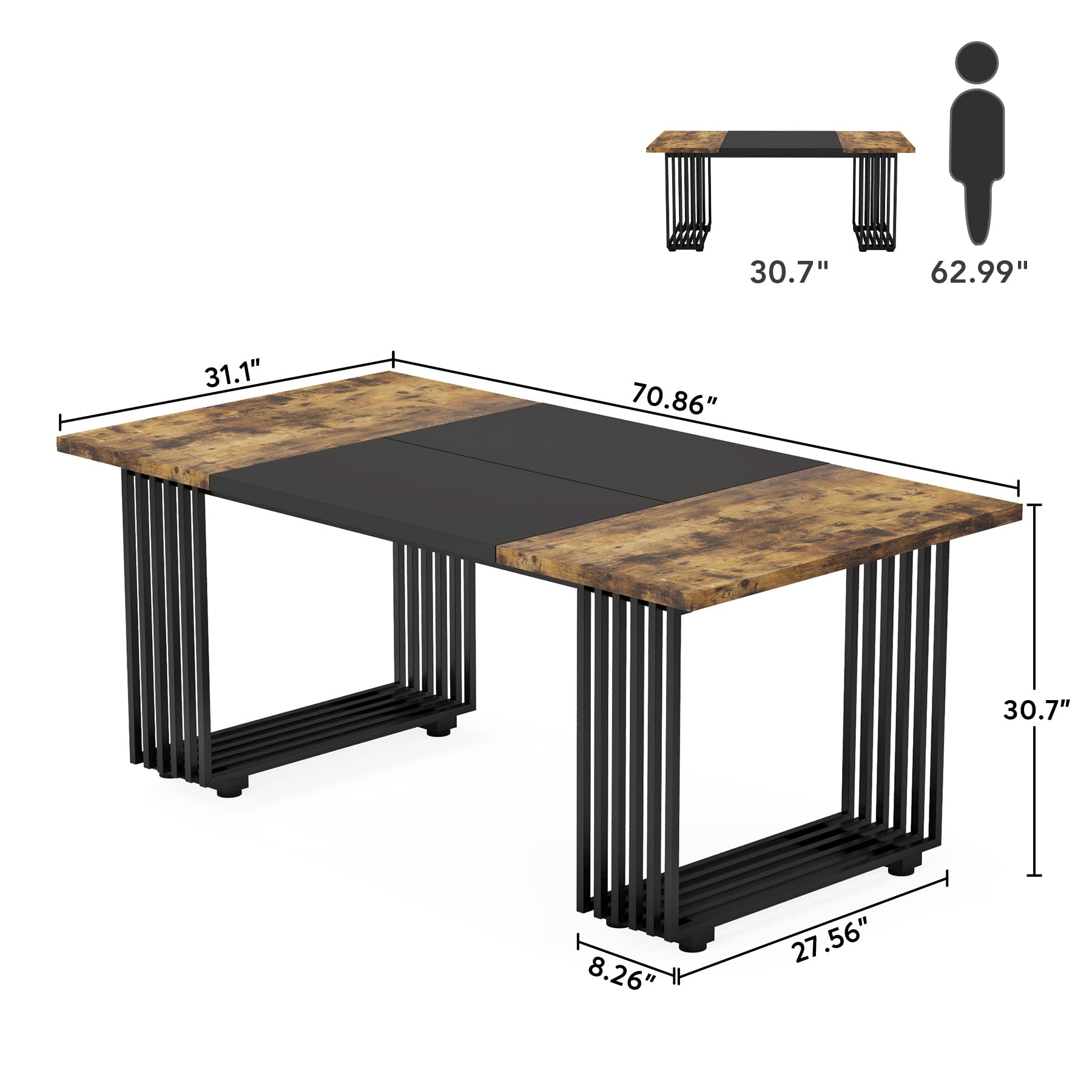 Tribesigns Dining Table for 6-8 People, 70.8'' Long Industrial Dining Room Table for Kitchen, Wood Kitchen Table with Black Metal Legs, Brown