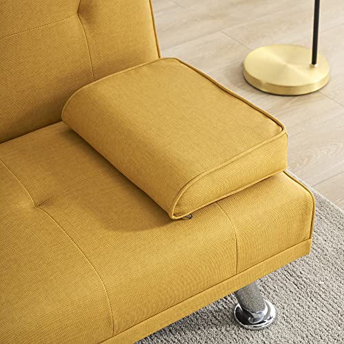 ME2 67" Sleeper Sofa Faux Leather Futon Sofa Bed w/Removable Armrests & Cupholders, Convertible Upholstered Folding Loveseat Folding Daybed Guest Sofa Bed for Living Room,Apartment,Dorm,Yellow