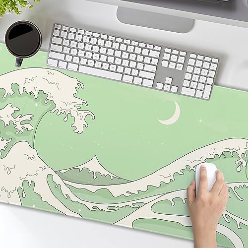 Matcha Green White Japanese Anime Gaming Mouse Pad XXL Cute Kawaii Sage Aesthetic Sea Wave Extended Large Desk Mat Non-Slip Rubber Base Stitched Edge Keyboard Mousepad for PC Laptop,35.4×15.7 in