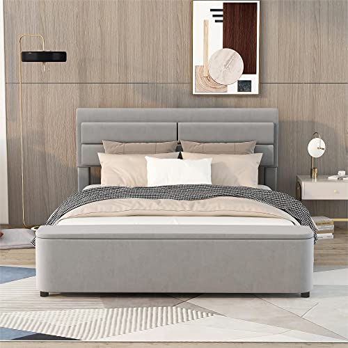 DEYOBED Queen Size Upholstered Platform Bed Frame Bedroom Furniture with Trundle and 2 Storage Drawers - No Box Spring Needed