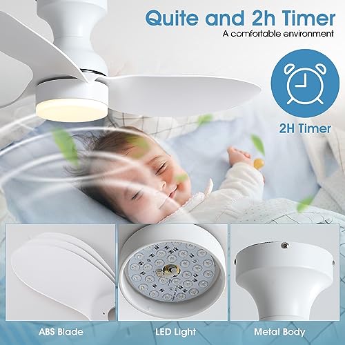 Surtime Low Profile Flush Mount Ceiling Fans with Lights and Remote&APP,34in White Modern Ceiling Fans for Outdoor Patio,Small Room,Bedroom,6 Speeds Reversible,3 Colors Lights Dimmable