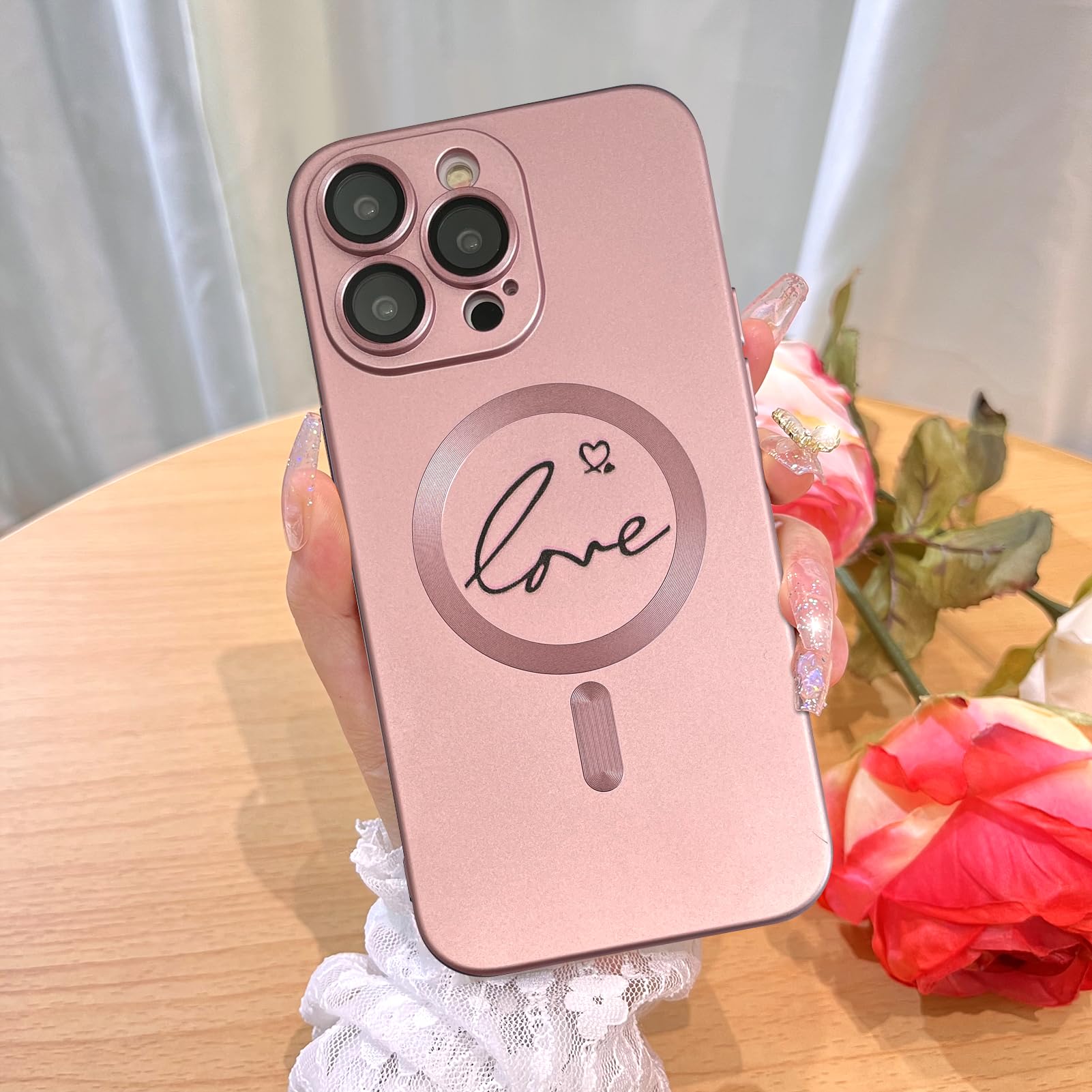 Bonoma Magnetic Charging Phone Case for iPhone 14 Pro Max Compatible with MagSafe Love Heart Luxury Plating Protective Cover for Women Shockproof Back Bumper-Pink