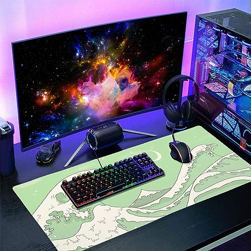 Matcha Green White Japanese Anime Gaming Mouse Pad XXL Cute Kawaii Sage Aesthetic Sea Wave Extended Large Desk Mat Non-Slip Rubber Base Stitched Edge Keyboard Mousepad for PC Laptop,35.4×15.7 in