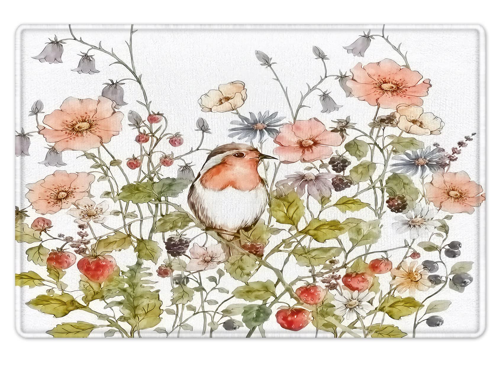 LB Pink Floral Bathroom Rug Green Leaf Red Strawberry Cute Bird Bath Mat White Aesthetic Wildflower Doormat Non Slip Memory Foam Super Absorbent Floor Mats,24x16 Inch