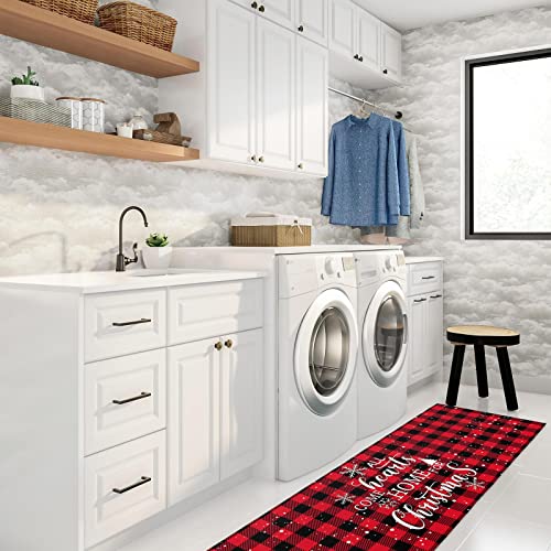 Kitchen Mats fo Floor, All Hearts Come Home for Christmas Red and Black Plaid Backed Rubber Dots Rugs,Non Slip,Absorbant Runner Rugs for Hallway Entryway,Kitchen,Laundry 1 pcs 18x47.2 Inch