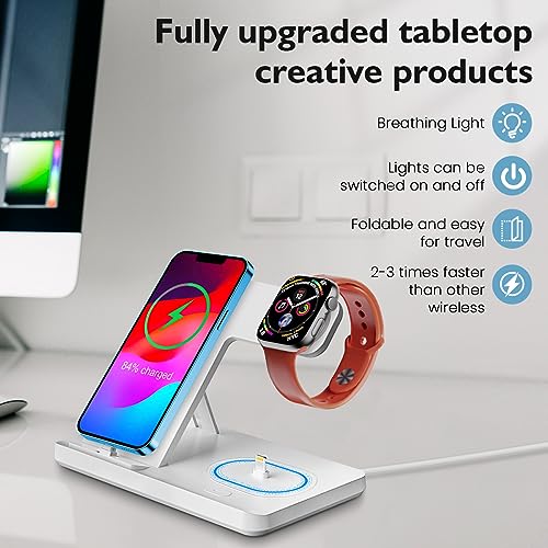 3 in 1 Charging Station for Apple Devices,Fast Charger Stand Dock for iWatch & Airpods iPhone 14/13/12/11/10/ Pro/X/Max/XS/XR/8/7/Plus/6s/6 with Adapter(White)