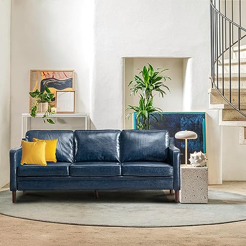 NATUREFOLLOW Sofas for Living Room, Mid Century Modern Couch with 3 Deep Seater, Size 79"x32"x33", Faux Leather, Comfy Couch for Living Room, Small Spaces, Apartment (Navy)