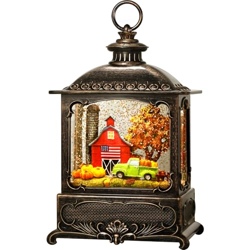 Priddop Fall Snow Globe Lantern - Red Barn Truck Pumpkin Farm Glittering Autumn Harvest Decorations for Home, Thanksgiving