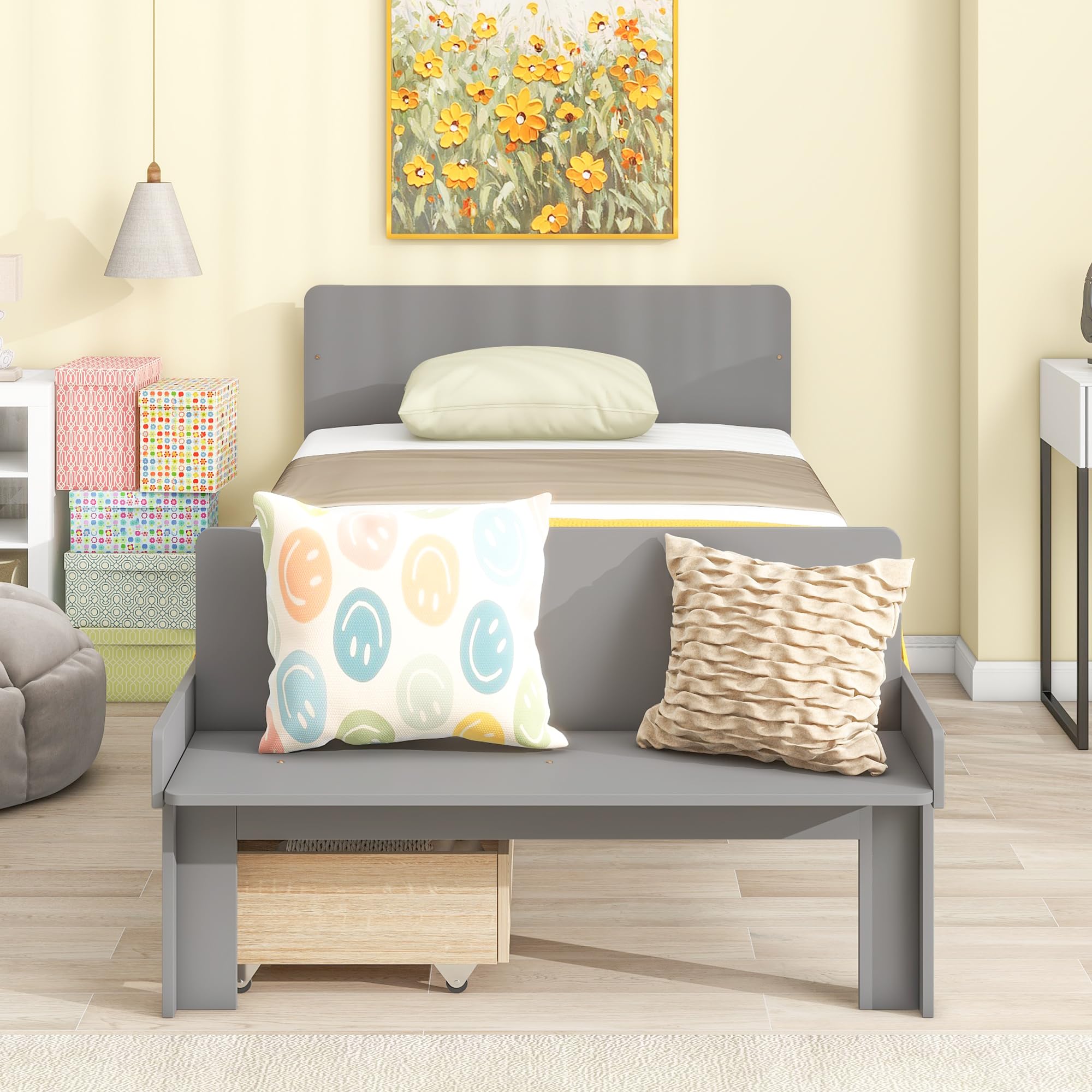 Twin Bed Frame, Wood Platform Bed with Storage, Twin Size Bed Frames with Wood Slat Support for Kids, No Box Spring Needed, Gray