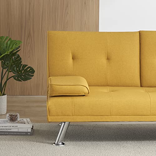 ME2 67" Sleeper Sofa Faux Leather Futon Sofa Bed w/Removable Armrests & Cupholders, Convertible Upholstered Folding Loveseat Folding Daybed Guest Sofa Bed for Living Room,Apartment,Dorm,Yellow