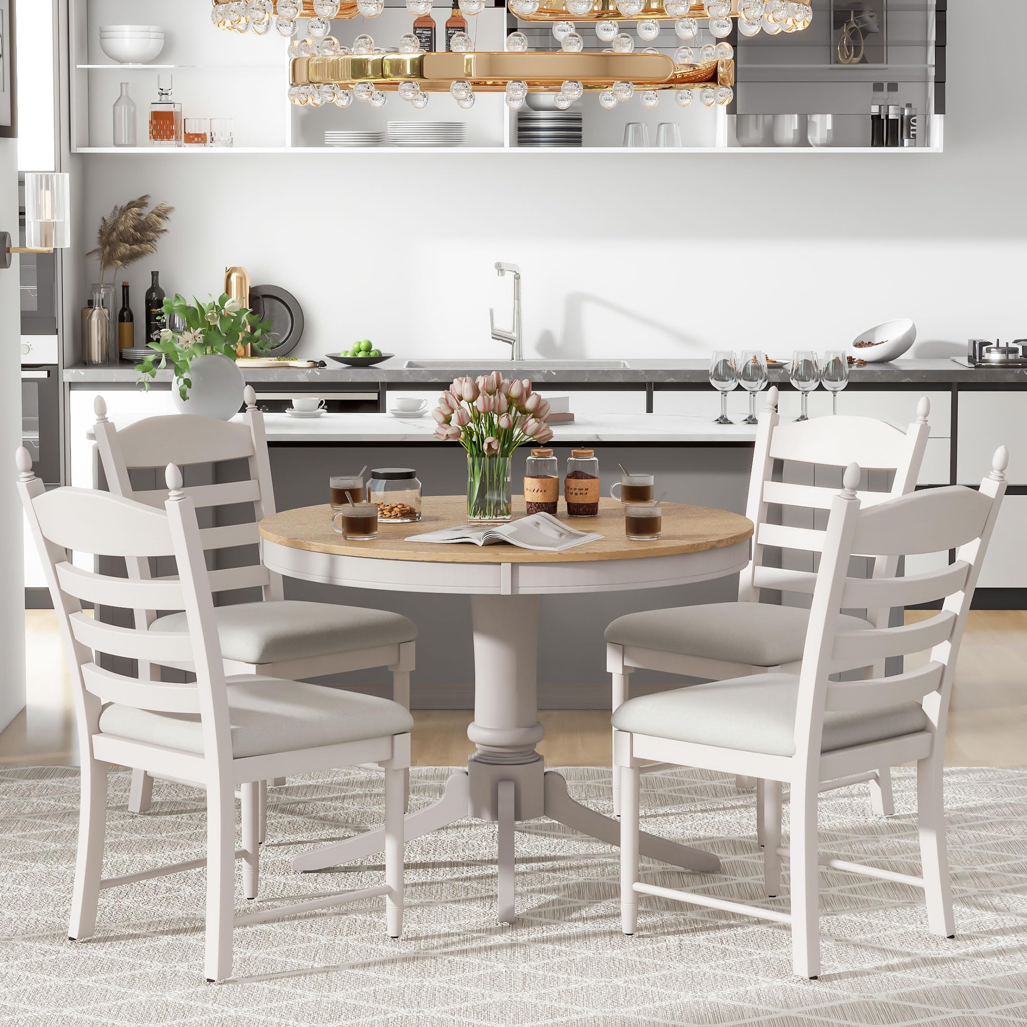 Bellemave Round Dining Room Table Set Extendable Dining Table Set for 4-6 Farmhouse Circle 5 Piece Kitchen Table and Chairs Wood Dinner Table Set for 4, Off White