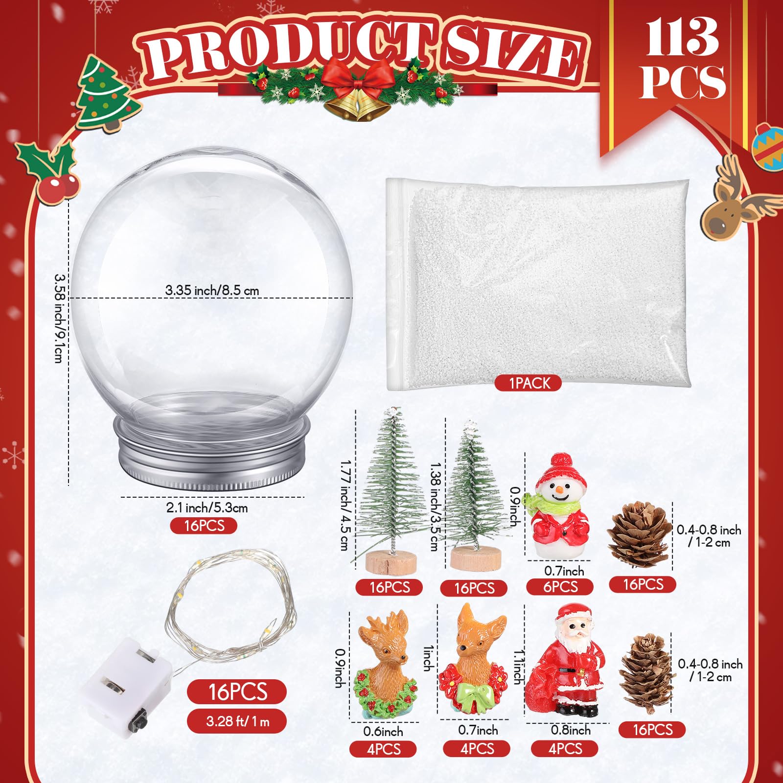 Liliful 16 Pack Christmas DIY Snow Globe Kit Including 3.58 Inch LED Plastic Snow Globe with Screw Off Cap Artificial Mini Christmas Tree Snowman Santa Deer Pine Cones and Lights