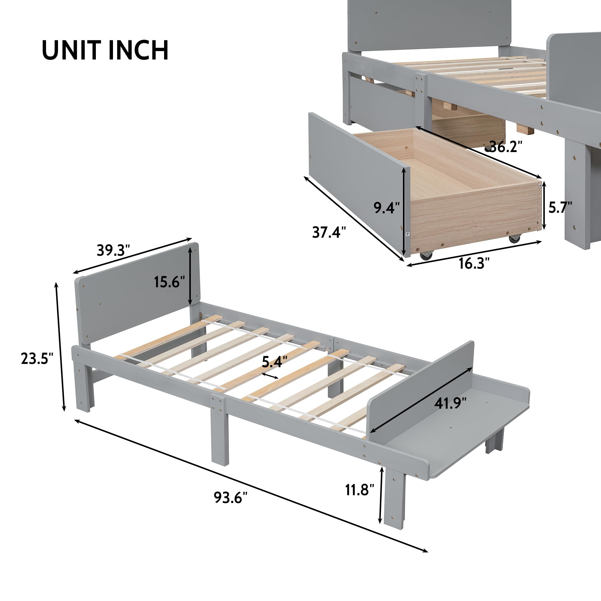 Twin Bed Frame, Wood Platform Bed with Storage, Twin Size Bed Frames with Wood Slat Support for Kids, No Box Spring Needed, Gray
