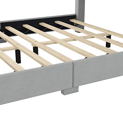 DEYOBED Queen Size Upholstered Platform Bed Frame Bedroom Furniture with Trundle and 2 Storage Drawers - No Box Spring Needed
