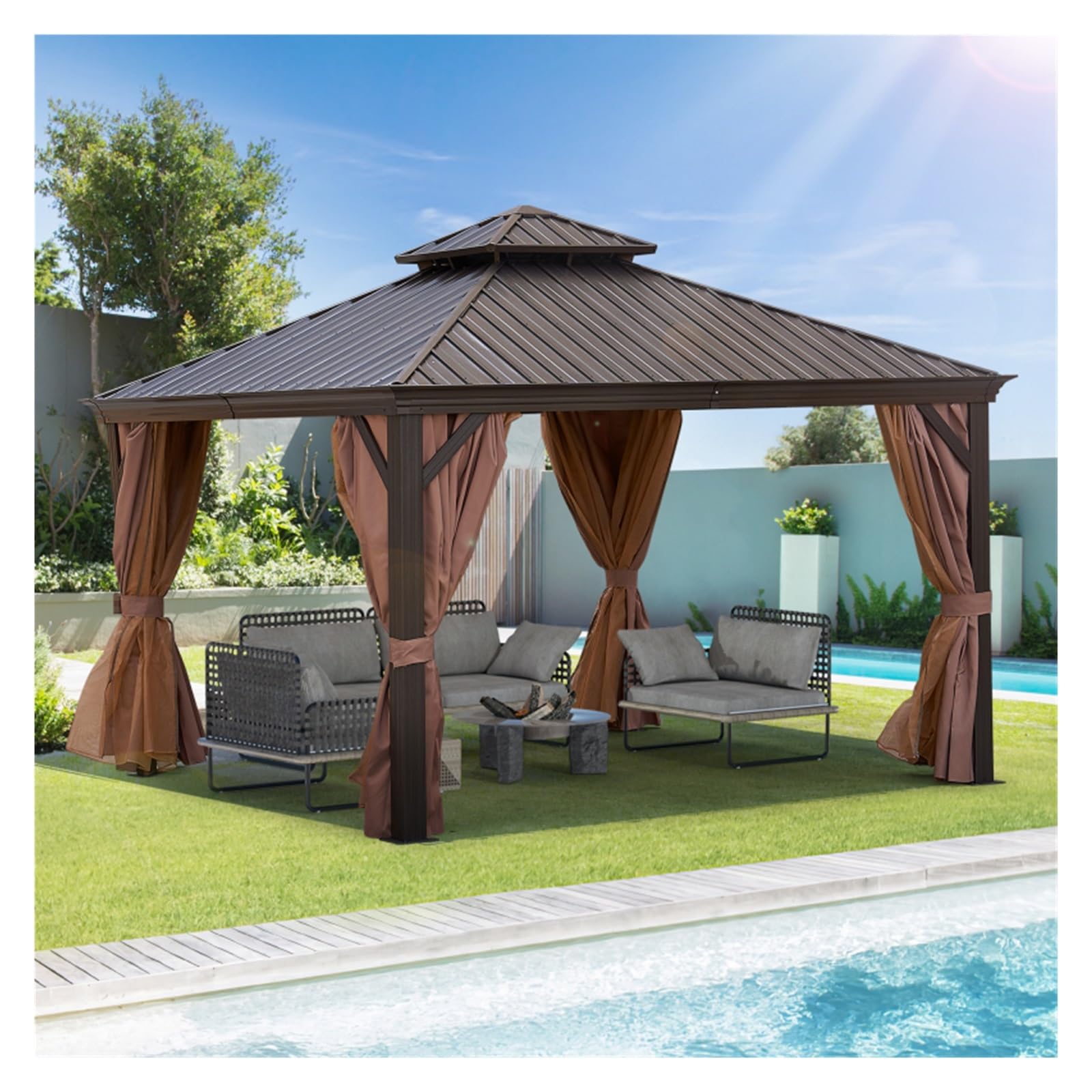 12 x 12FT Hardtop Gazebo - Outdoor Polycarbonate Double Roof Gazebo Canopy, Metal Frame Permanent Pavilion with Curtains and Netting for Garden Patio Backyard Party Deck Lawn