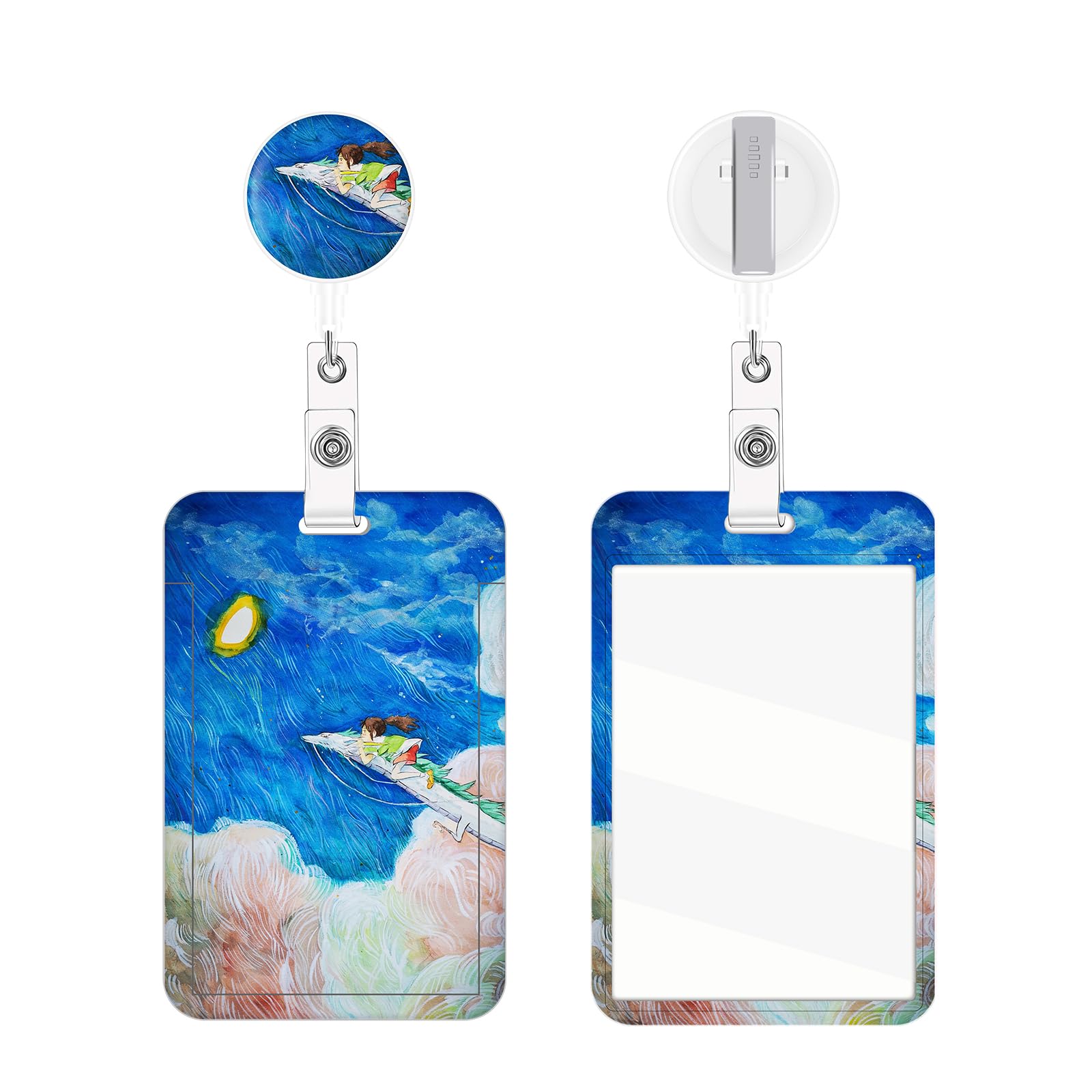 TJIUSI Anime Badge Holder with Retractable Reel Cute Anime Name Tag Card Holder Chihiro ID Badge Retractable Clip with Funny Anime Alligator Clip for Nurses Student Teacher Women Men