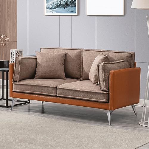 CECER Loveseat Sofa Couches for Living Area, Luxurious Modern 2 Seater Sofa with Faux Leather Frame, Mid Century Linen Upholstered Sofa Couch with 2 Accent Pillows for Bonus Room Office, Orange