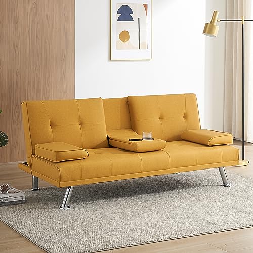 ME2 67" Sleeper Sofa Faux Leather Futon Sofa Bed w/Removable Armrests & Cupholders, Convertible Upholstered Folding Loveseat Folding Daybed Guest Sofa Bed for Living Room,Apartment,Dorm,Yellow