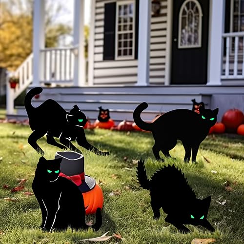 Halloween Yard Signs,6 pack Black Cat with Fluorescent Eyes,Halloween Decorations Outdoor,Scary Silhouette with Stakes for Yard Lawn Deco Party