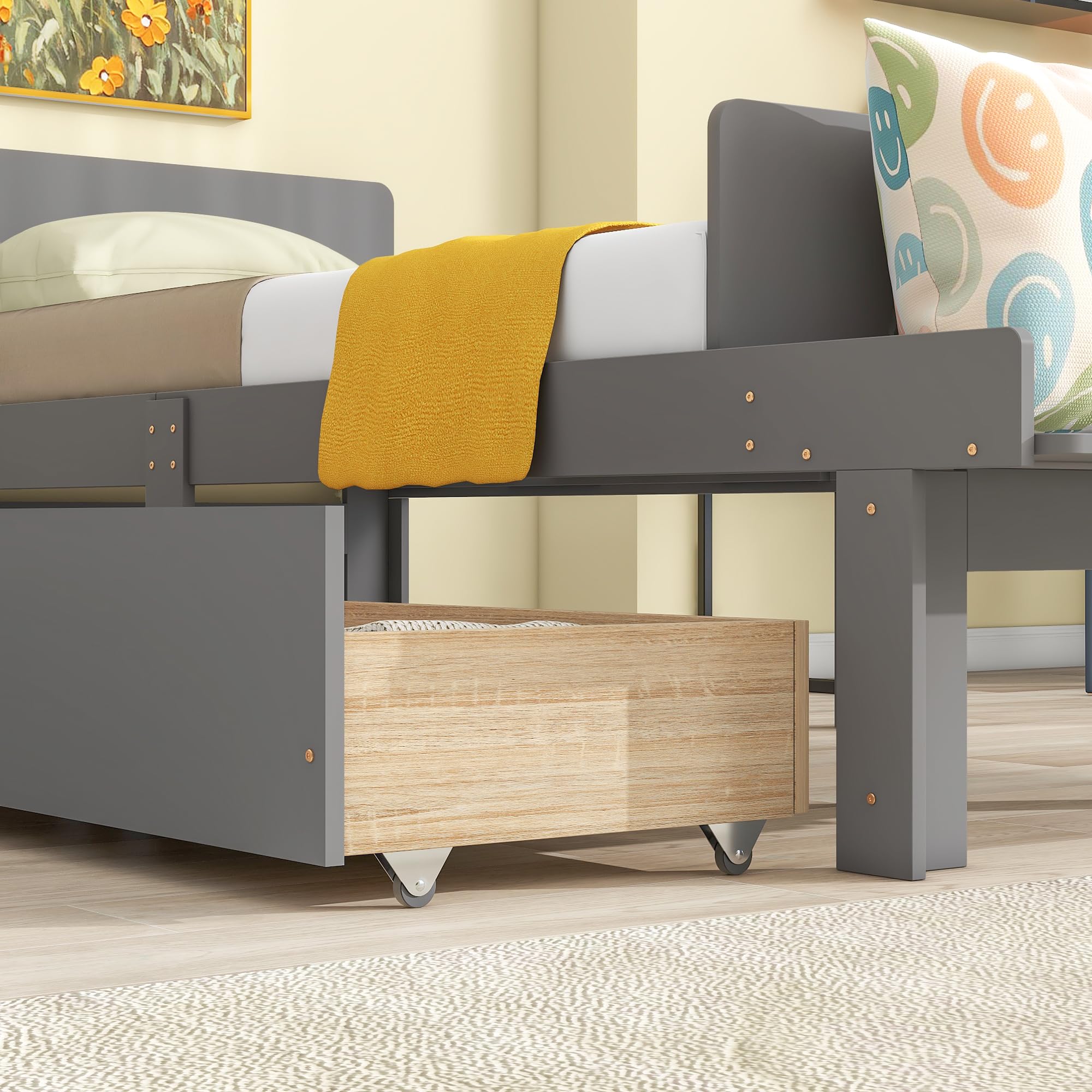 Twin Bed Frame, Wood Platform Bed with Storage, Twin Size Bed Frames with Wood Slat Support for Kids, No Box Spring Needed, Gray