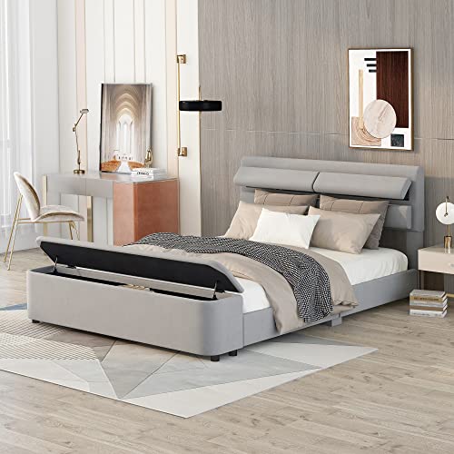DEYOBED Queen Size Upholstered Platform Bed Frame Bedroom Furniture with Trundle and 2 Storage Drawers - No Box Spring Needed