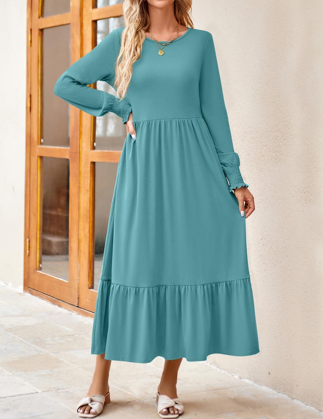 ZESICA Women's Spring Long Sleeve Dress 2025 Crewneck Casual Loose Pleated Tiered Swing Midi Dresses with Pockets,Sage,Medium