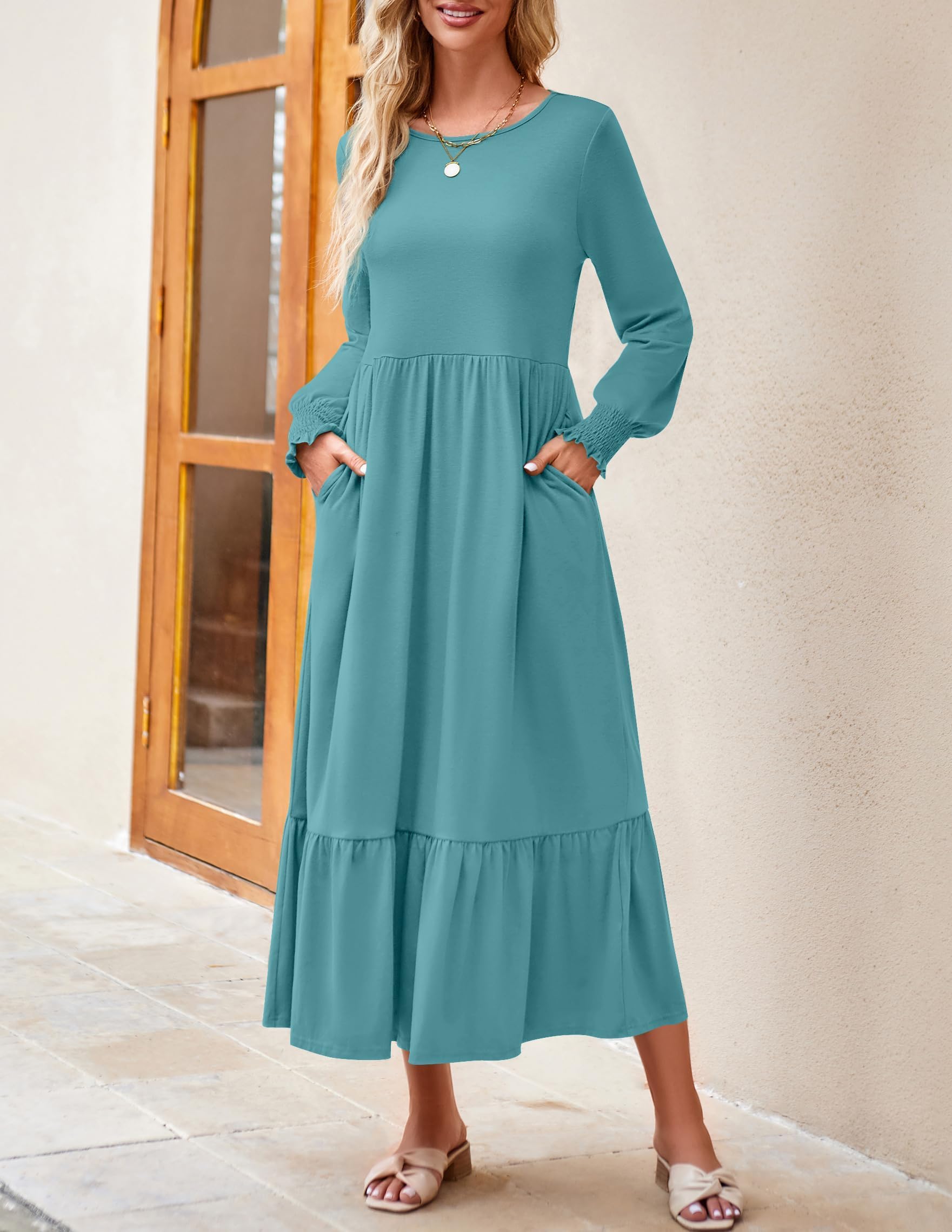 ZESICA Women's Spring Long Sleeve Dress 2025 Crewneck Casual Loose Pleated Tiered Swing Midi Dresses with Pockets,Sage,Medium
