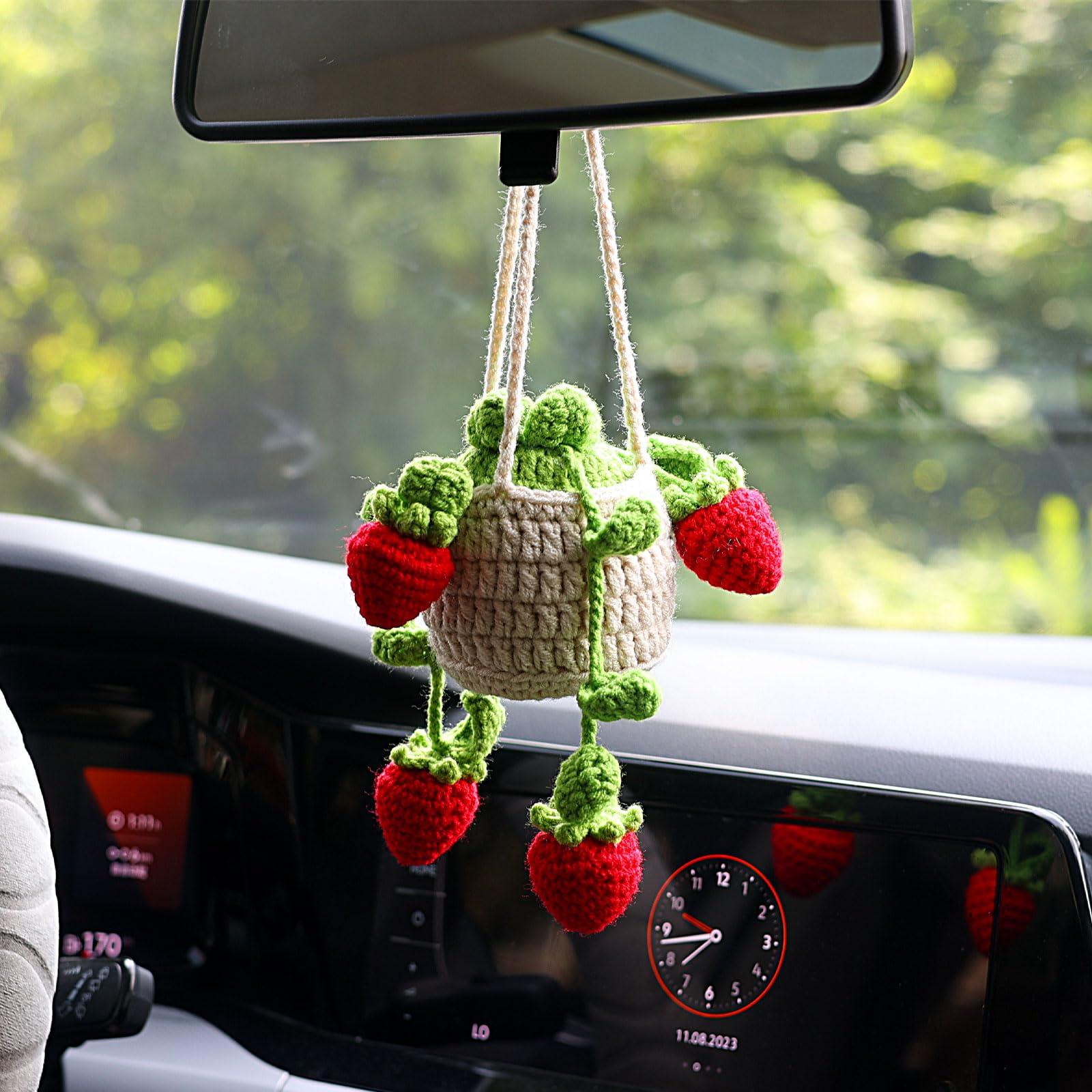 Cute Car Mirror Hanging Ornament - Decorative Rearview Mirror Accessories for Women and Girls - Handmade Knitted Crochet Plant Flower Car Accessories