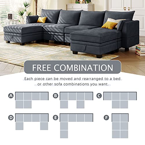 YUNLife&Home U-Shaped Oversized Modular Sectional Sofa,Convertible Sleeper Couch Bed with Reversible Chaise Lounge,Upholstered Tufted Cushion 6-Seat Sofá&Couches for Living Room Furniture Set