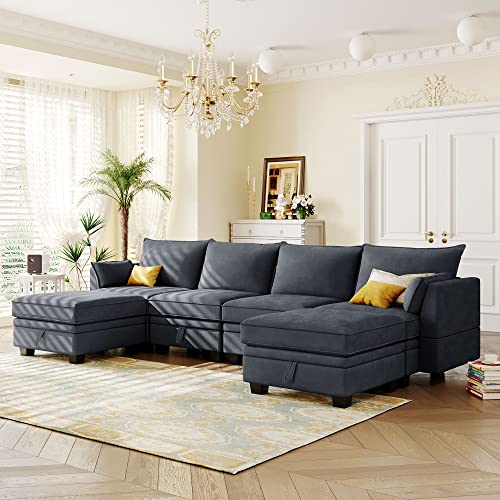 YUNLife&Home U-Shaped Oversized Modular Sectional Sofa,Convertible Sleeper Couch Bed with Reversible Chaise Lounge,Upholstered Tufted Cushion 6-Seat Sofá&Couches for Living Room Furniture Set