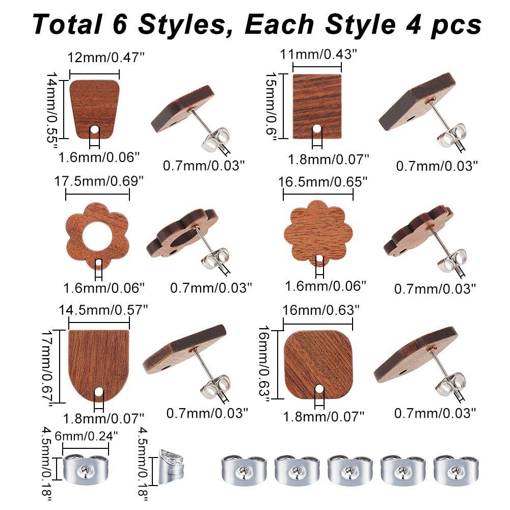 arricraft 24 Pcs 6 Styles Wood Stud Earrings Posts with Loop, Natural Wooden Square/Flower/Rectangle/Arch Stud Earring Findings with 30Pcs Ear Nuts for Earring Jewelry Making